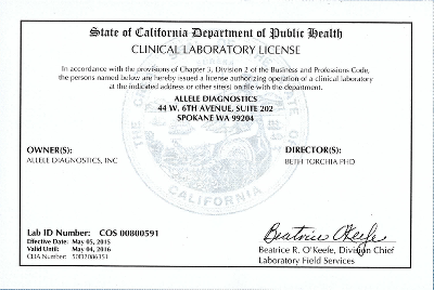 Allele Diagnostics - Licenses and Certifications